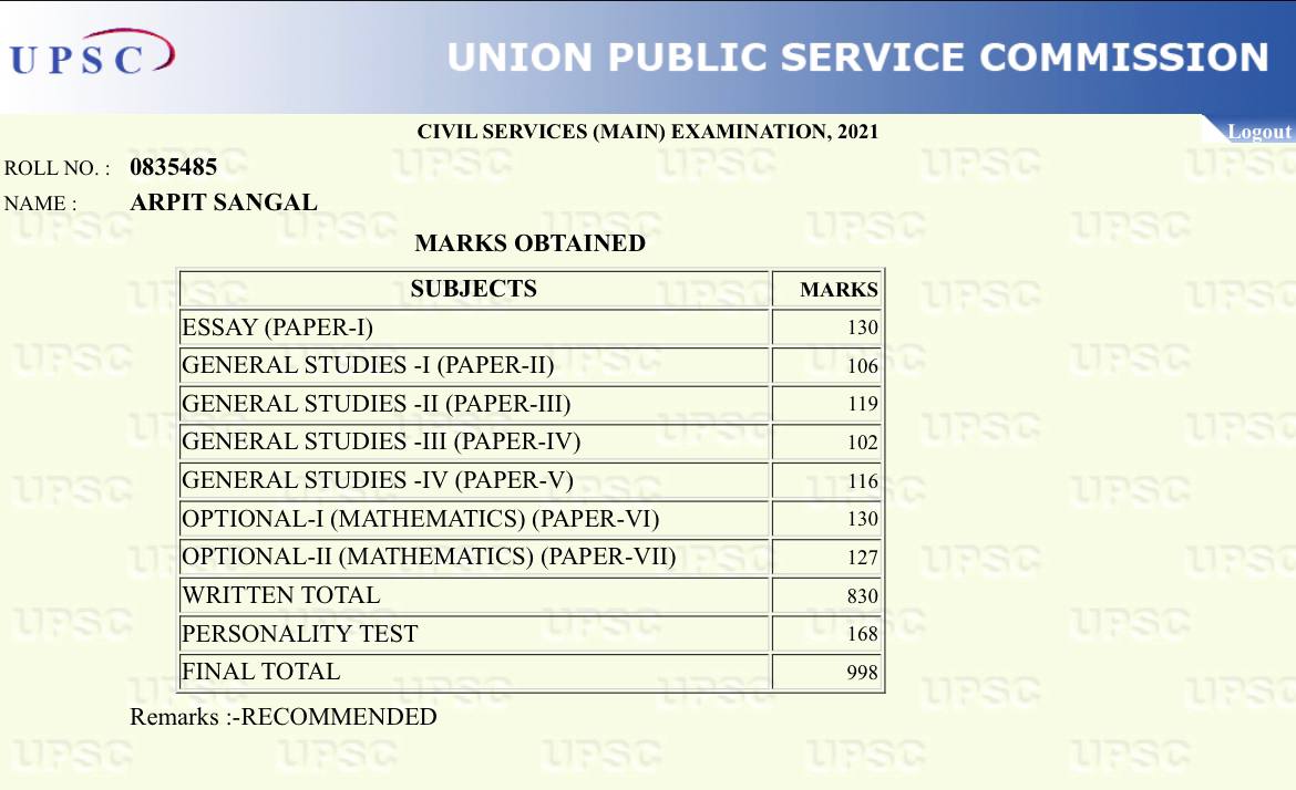 Arpit Sangal UPSC Marksheet, Biography, Optional Notes - IAS Bio