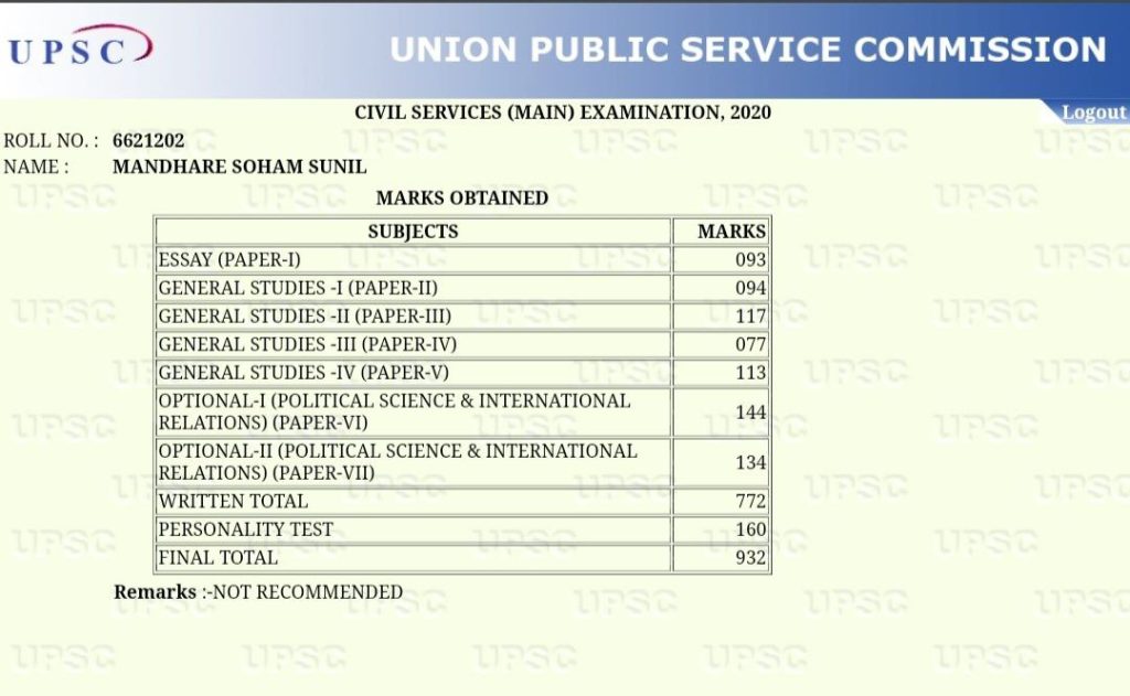 Soham Sunil Mandhare UPSC Notes, Marksheet, Biography - IAS Bio